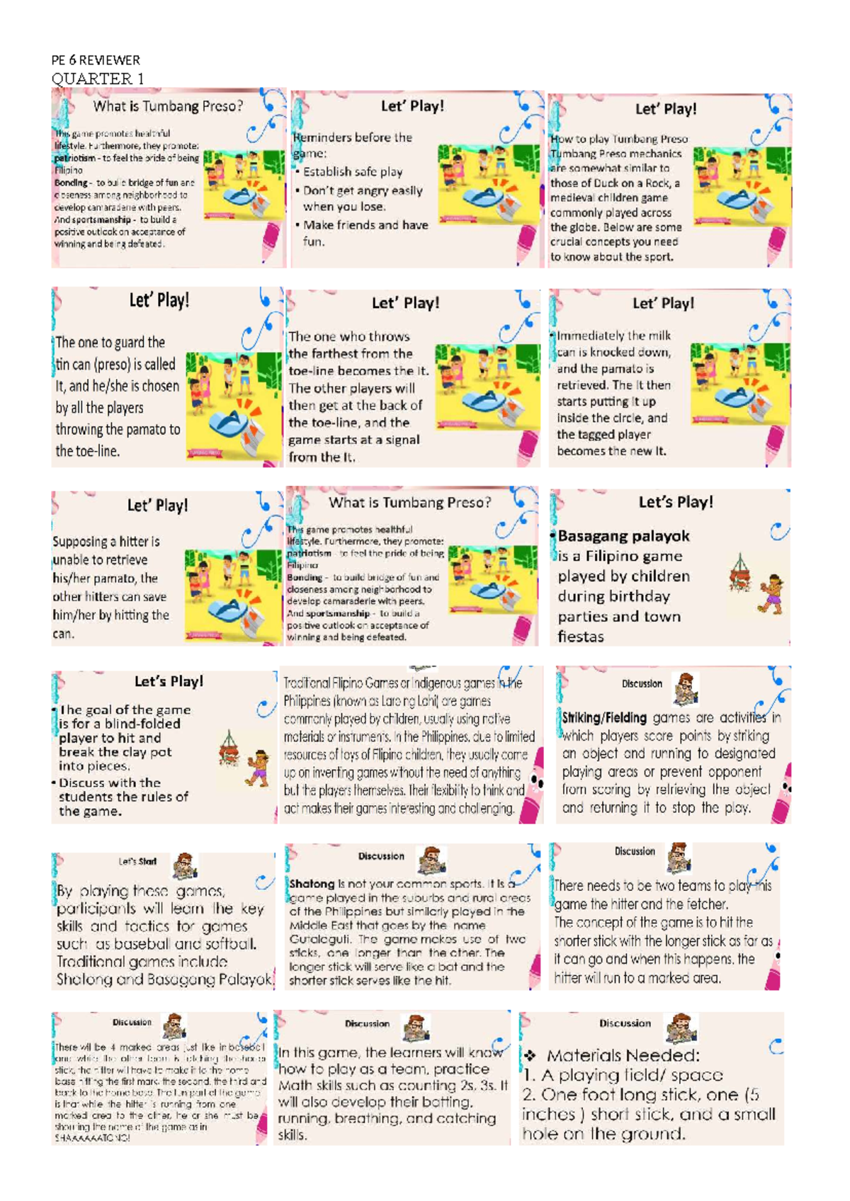 PE 6 REVIEWER: Traditional Filipino Games and Tumbang Preso - Studocu