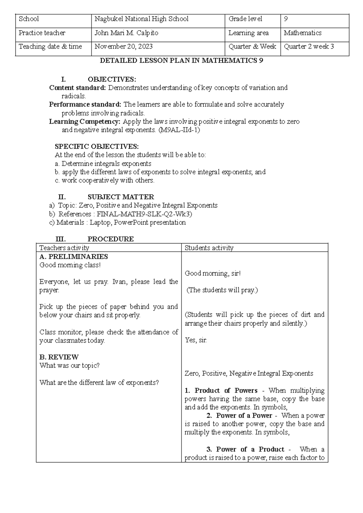 Mathematics 9 Lesson Plan: Integral Exponents Overview - GRAD 9 - Studocu