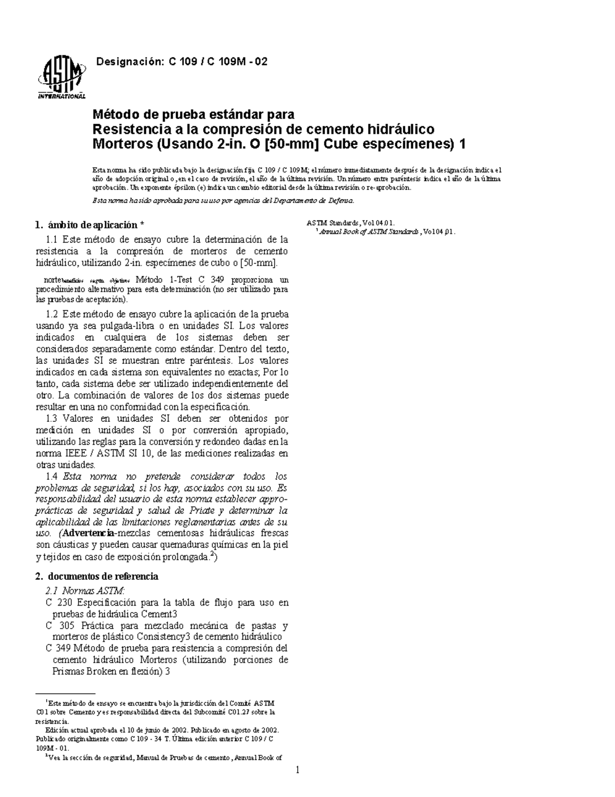 ASTM C 109 - Método de Prueba para Resistencia a la Compresión del ...