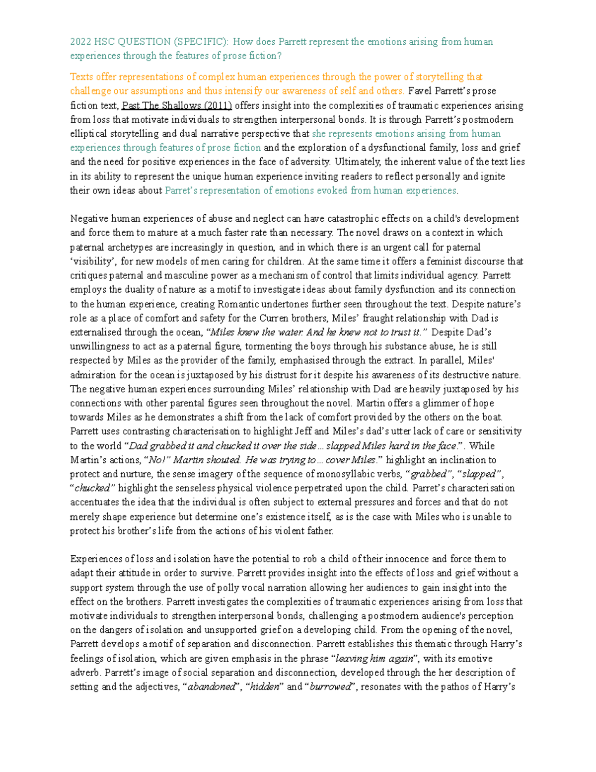 HSC Essay: Emotions in Favel Parrett's "Past The Shallows" - Studocu