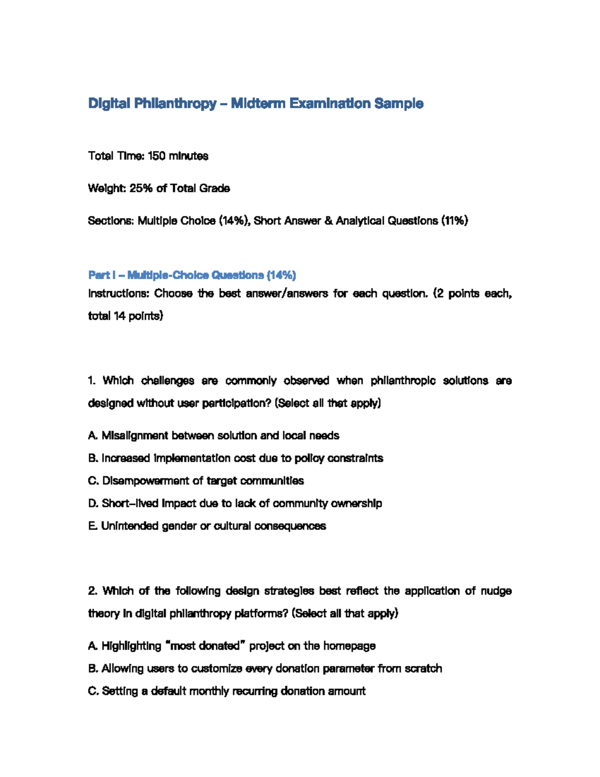 Digital Philanthropy Midterm Exam Sample Questions and Instructions - Studocu