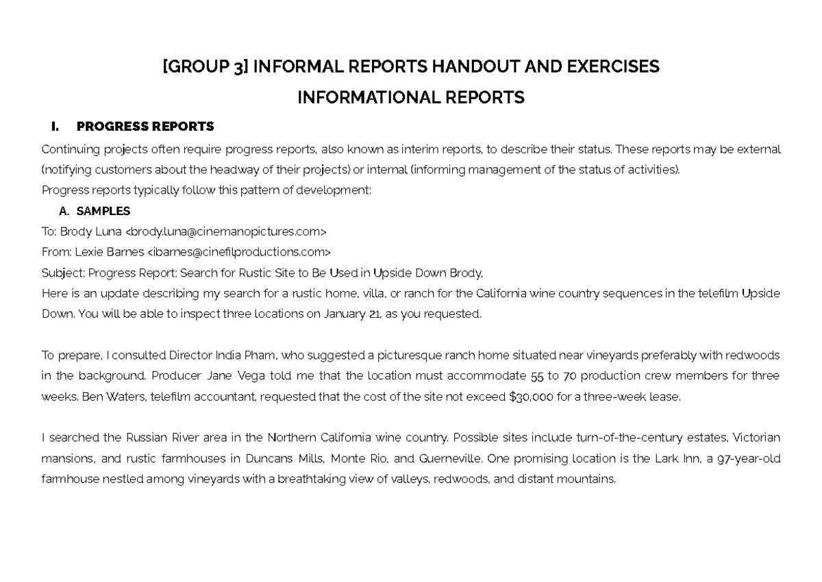 [ESP121] Informal Reports - Handout & Exercises Summary - Studocu