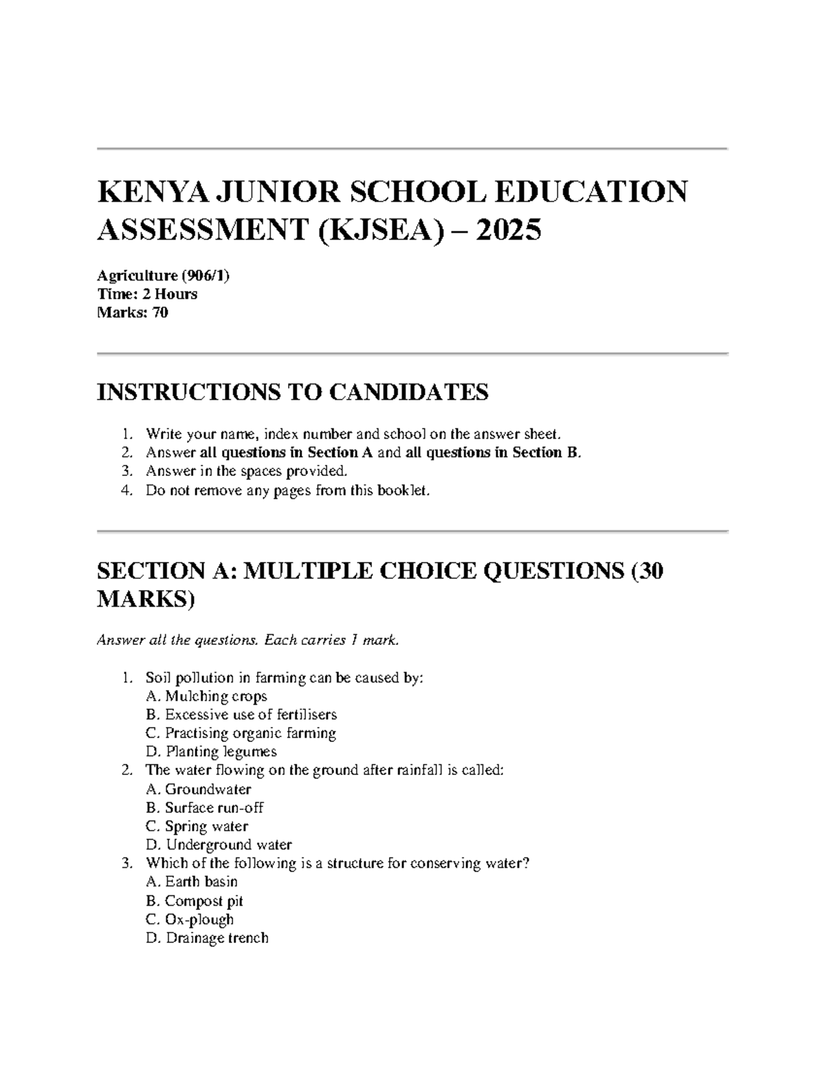 KJSEA 2025 Agriculture Official Exam Paper: 2-Hour Assessment - Studocu