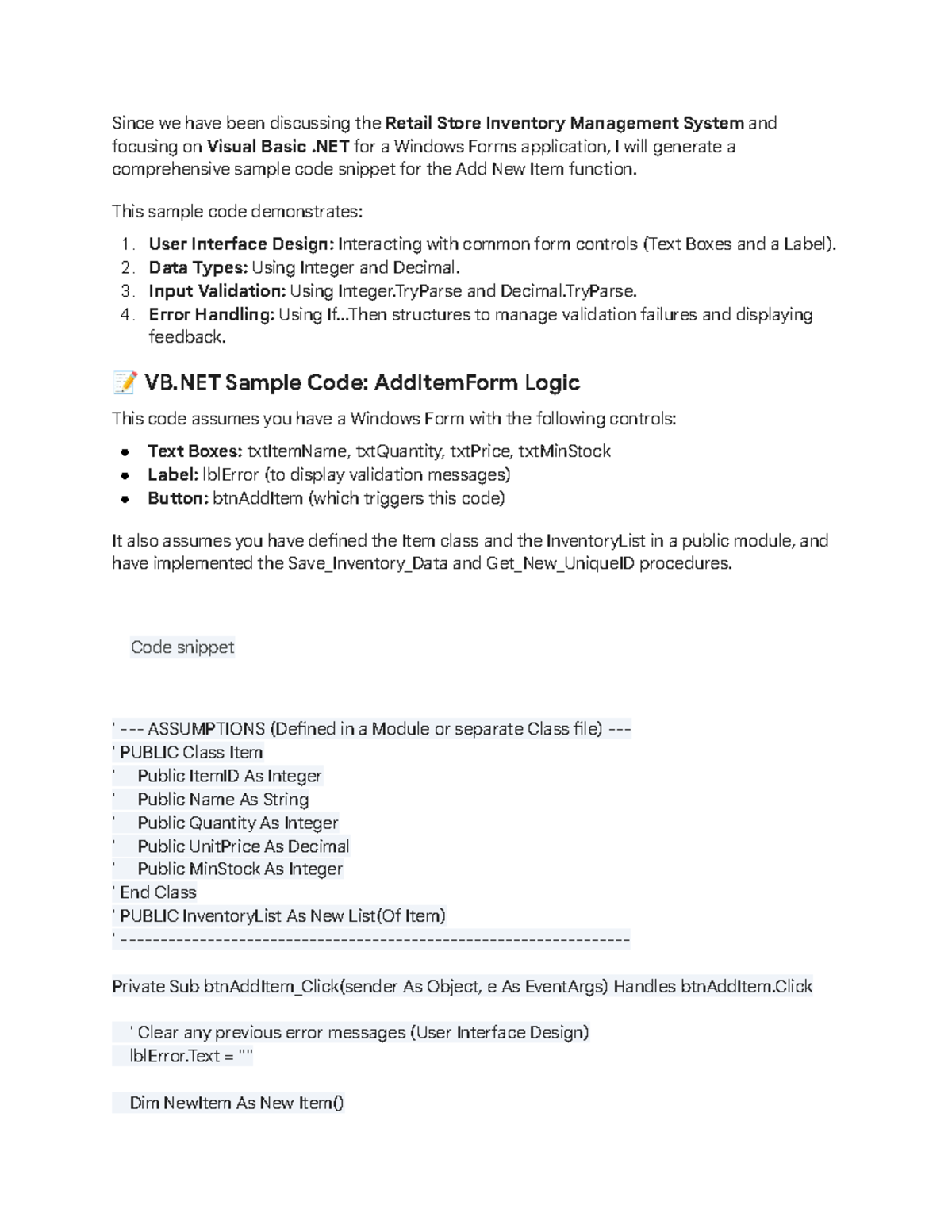 VB.NET Code Snippet for Add New Item Function in Retail Store Inventory ...