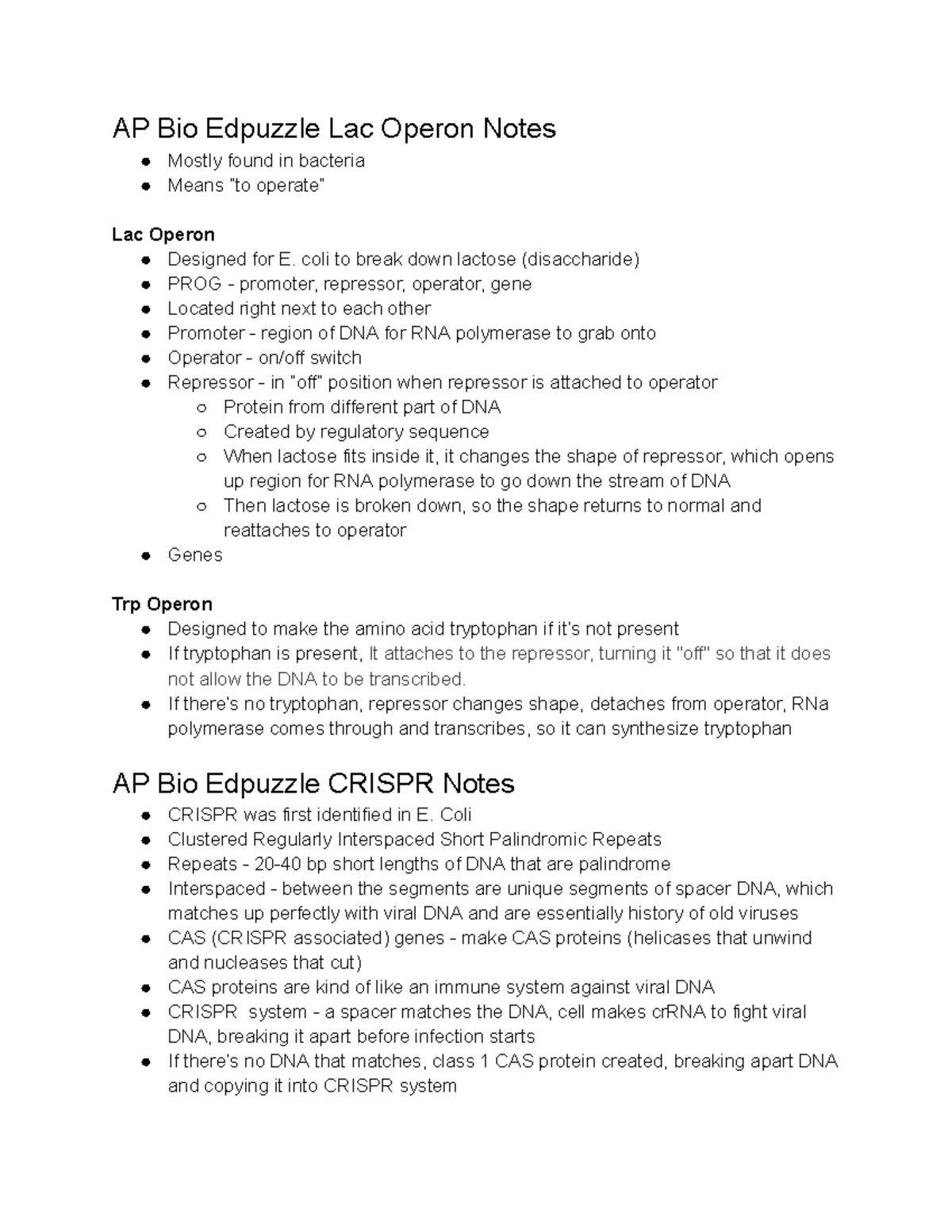 AP Bio Edpuzzle Notes: Lac Operon & CRISPR Overview - Studocu