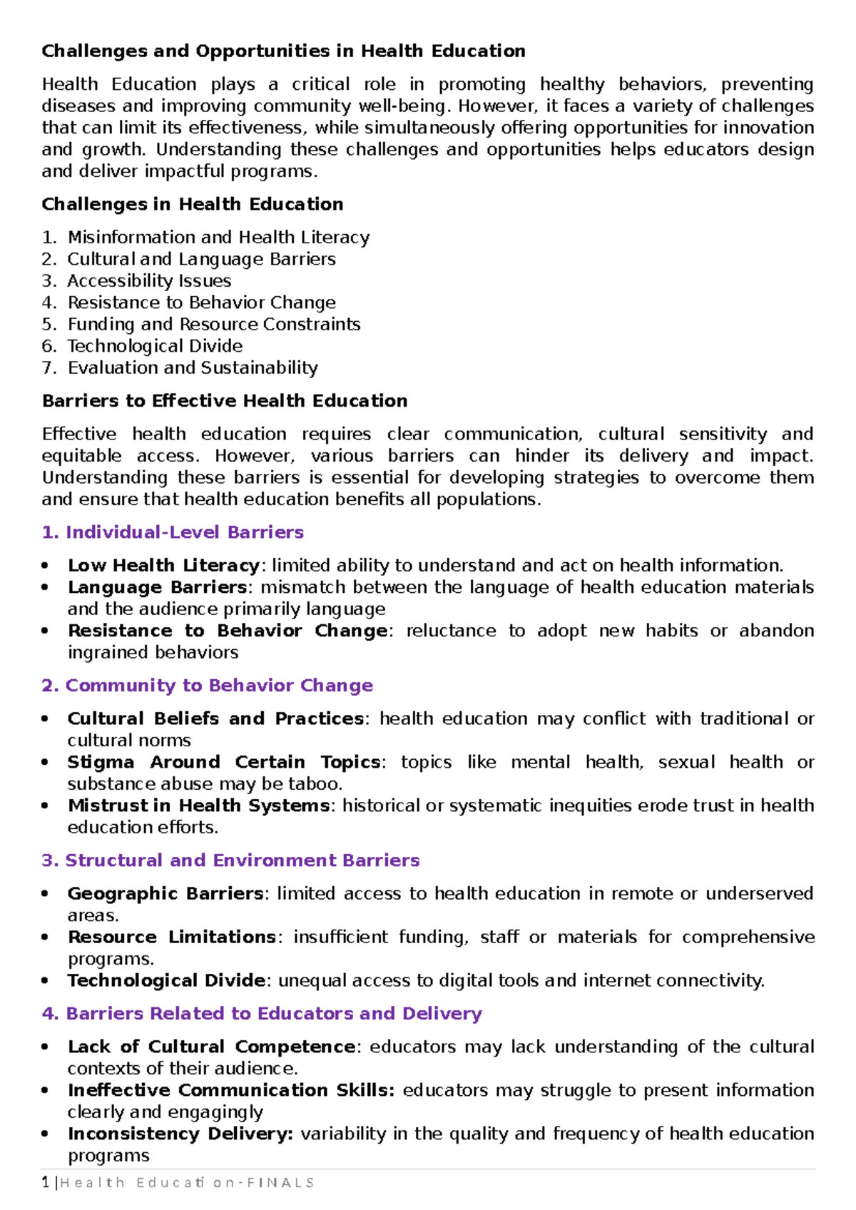 Health Education Challenges & Opportunities: Final Exam Insights - Studocu