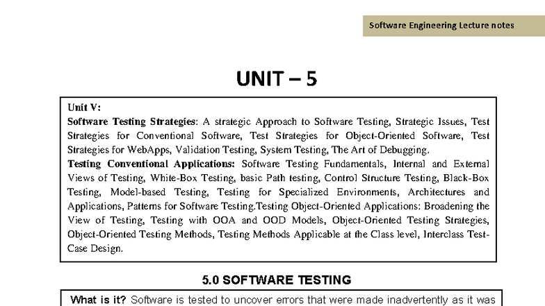 Software Engineering Lecture Notes (SE) - Unit 5: Software Testing ...
