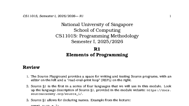 CS1101S: Programming Methodology Semester I, R1 Reflection Notes - Studocu