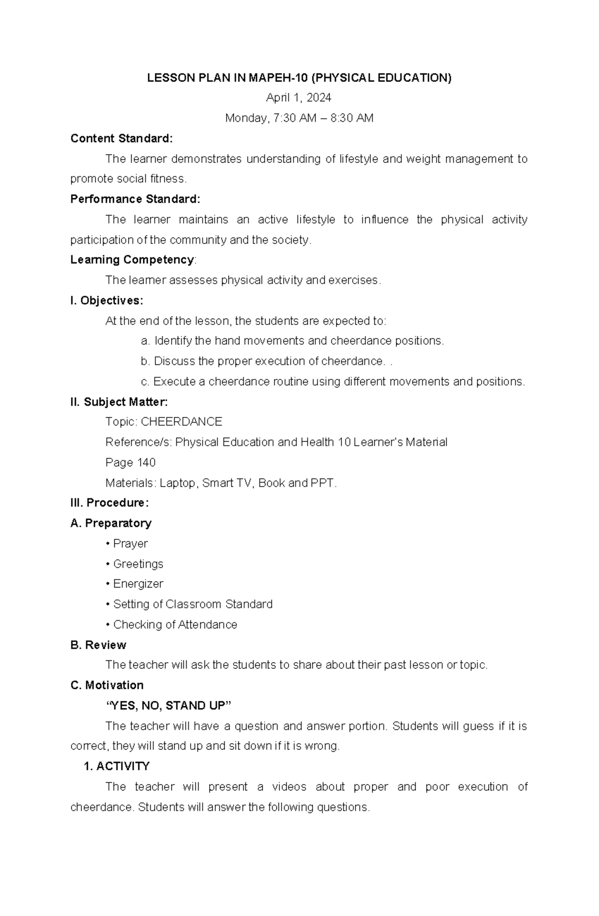 G10 - Cheerdance - Comprehensive Lesson Plan for MAPEH-10 - Studocu