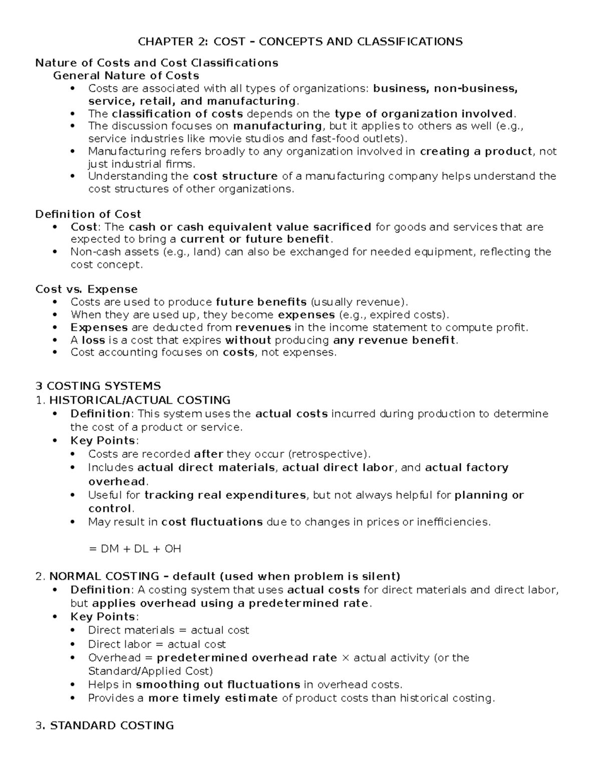 CHAPTER 2: COST CONCEPTS & CLASSIFICATIONS - Overview and Key Points - Studocu