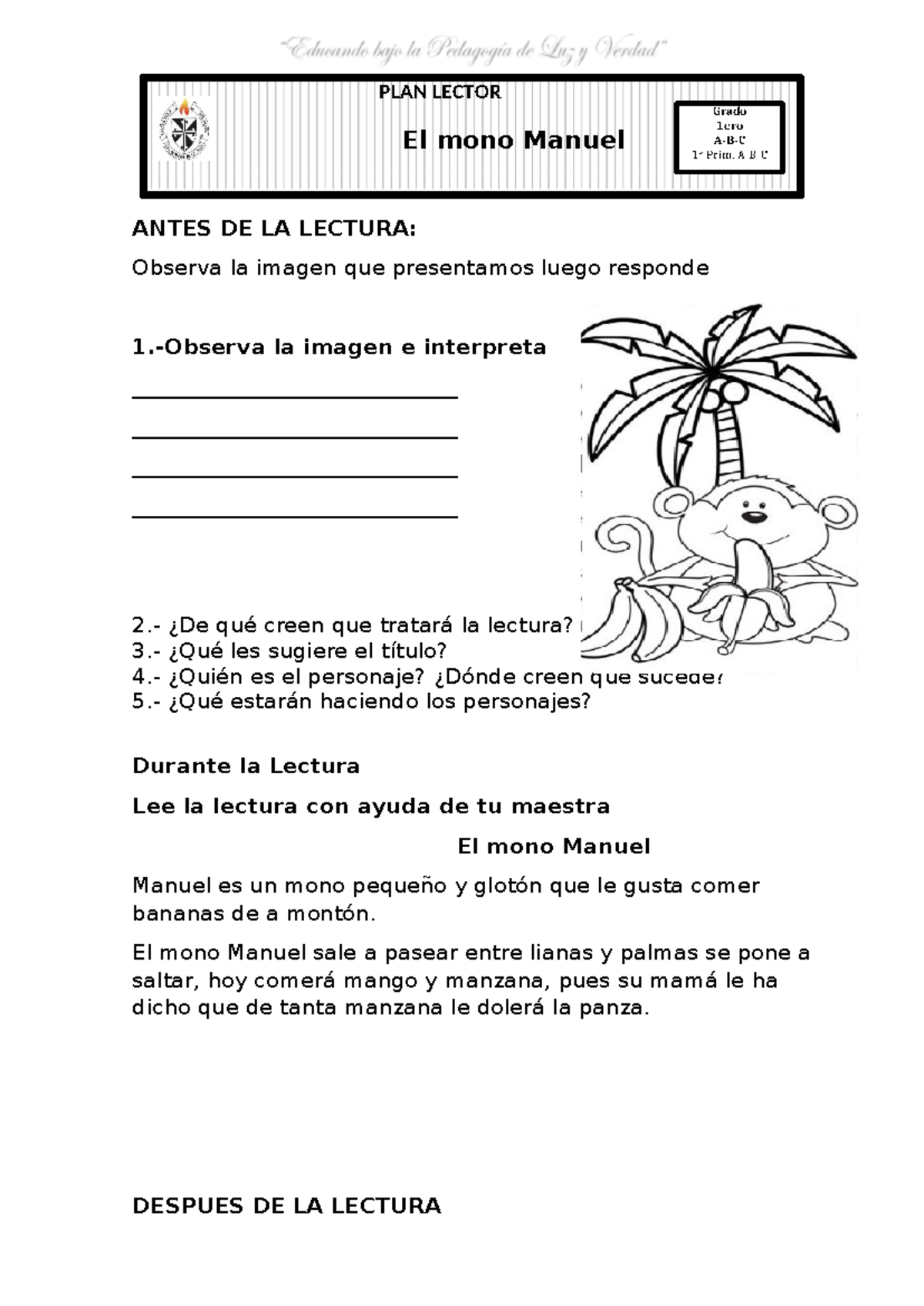 Plan Lector: El Mono Manuel - 1° Prim. A-B-C Activities Guide - Studocu