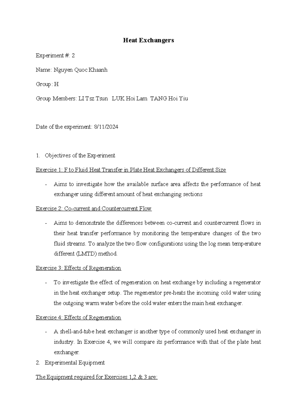 SEE3101-Pre-Lab Report for Experiment 2 on Heat Exchangers - Studocu