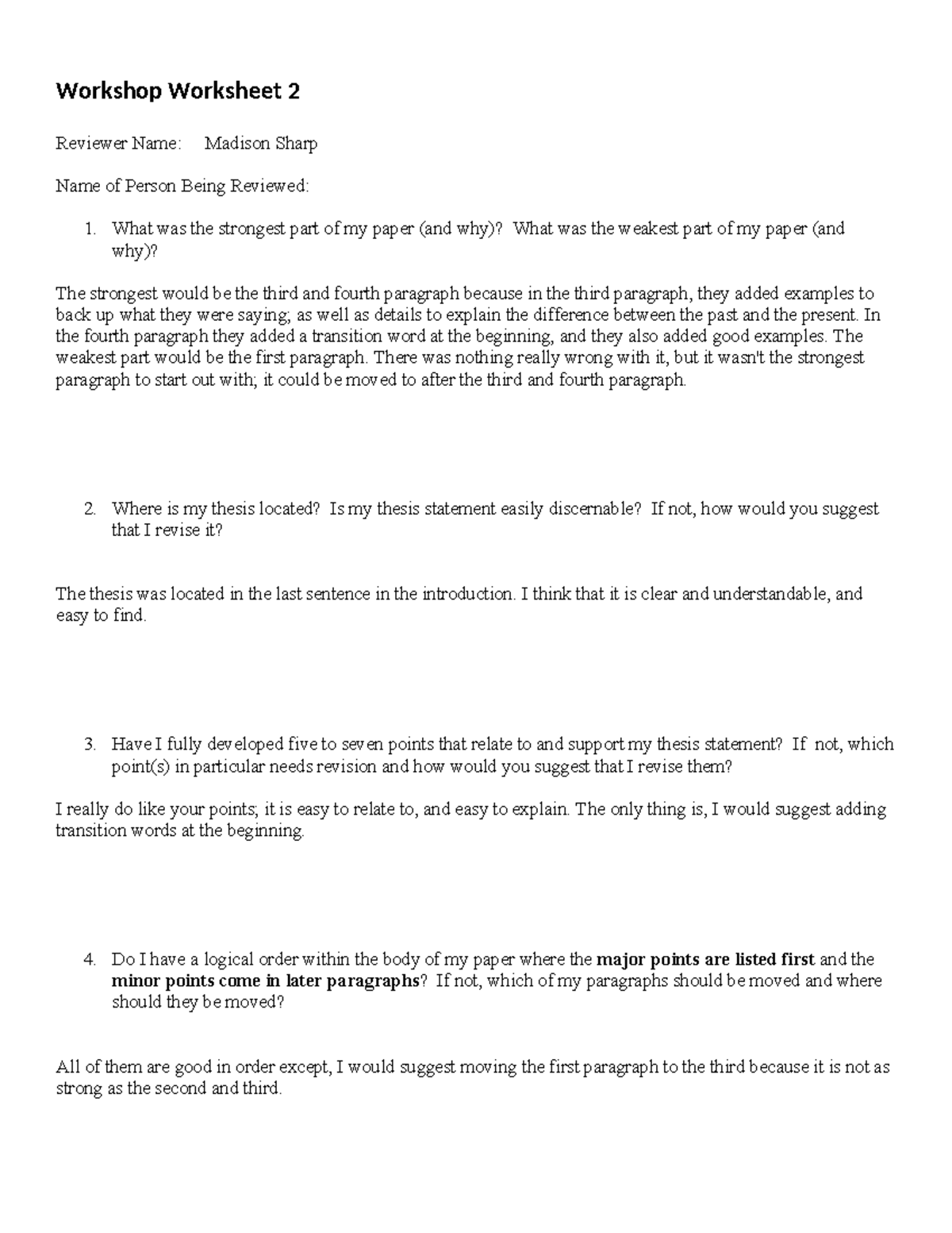 Workshop Worksheet 2 - Peer Review Feedback and Suggestions - Studocu
