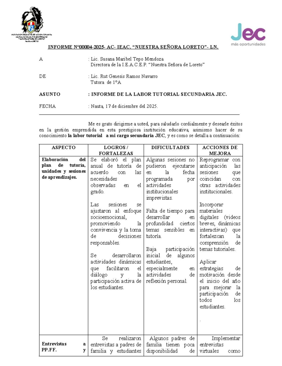 Informe Tutorial 2025 - IEAC Secundaria JEC - Studocu