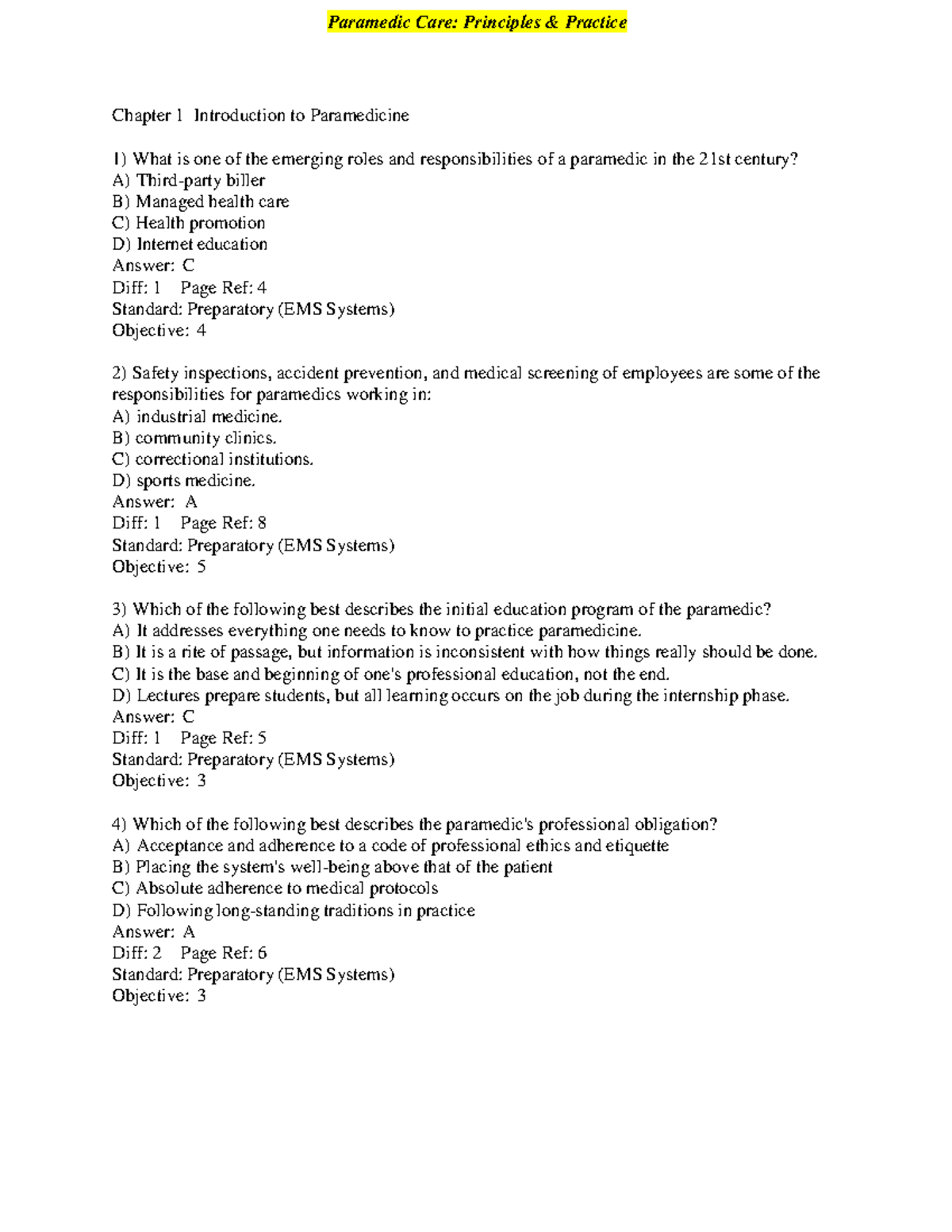 Paramedic Care: Principles & Practice Chapter 1 Overview and Key ...