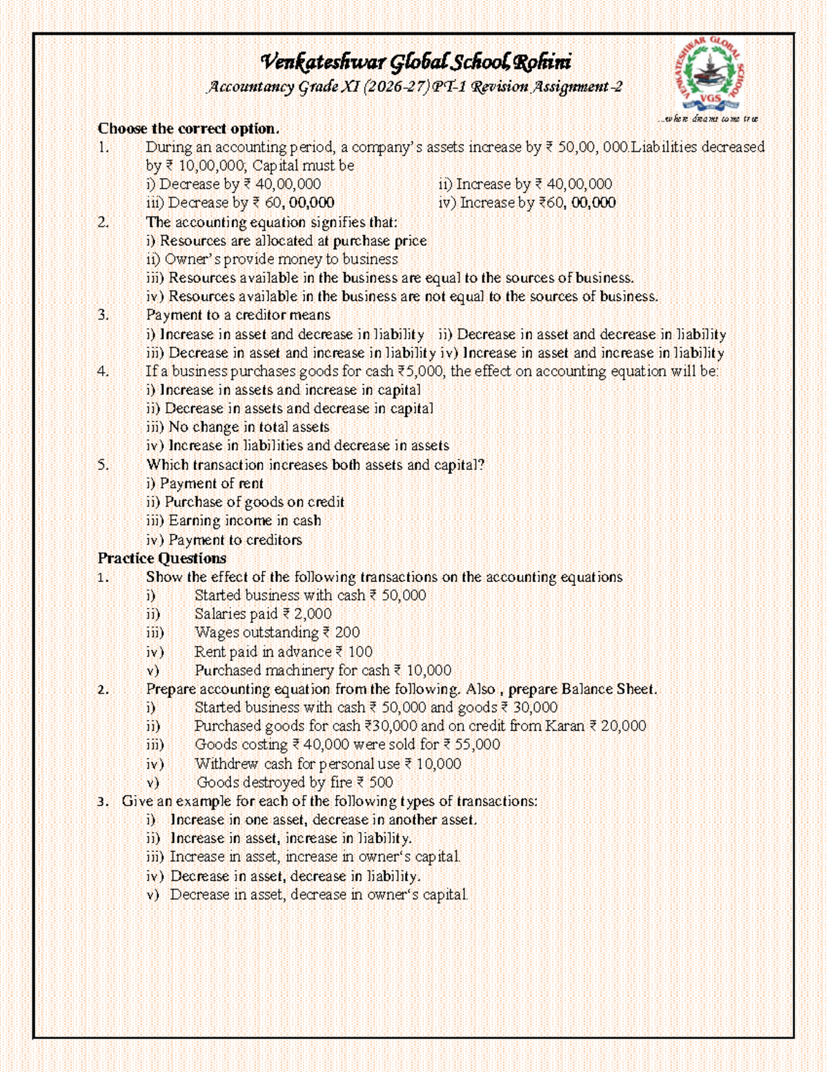 Accountancy Grade XI PT-1 Revision Assignment-2 - Studocu
