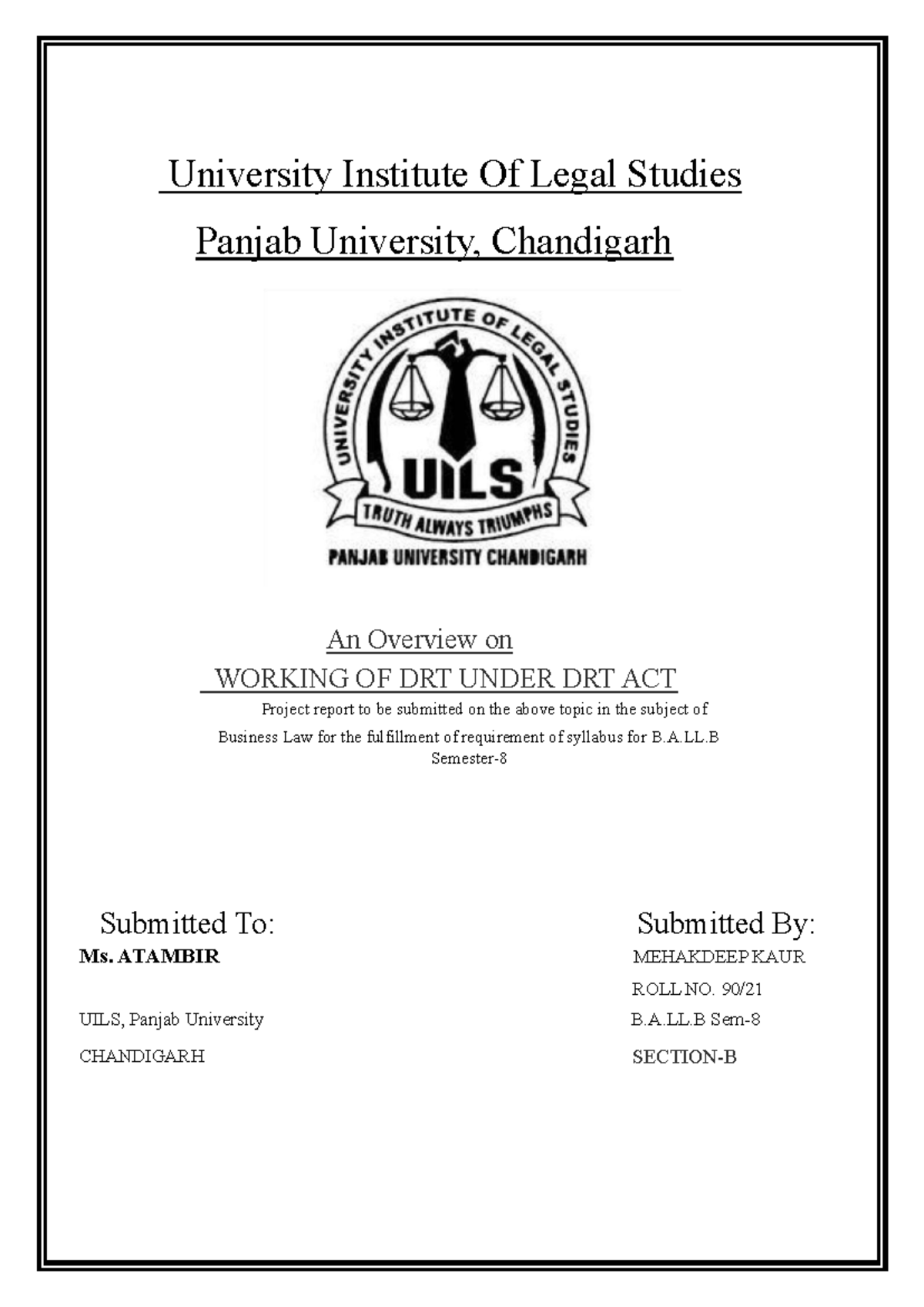 BL - Detailed Study on the Working of DRT under RDB Act - Studocu