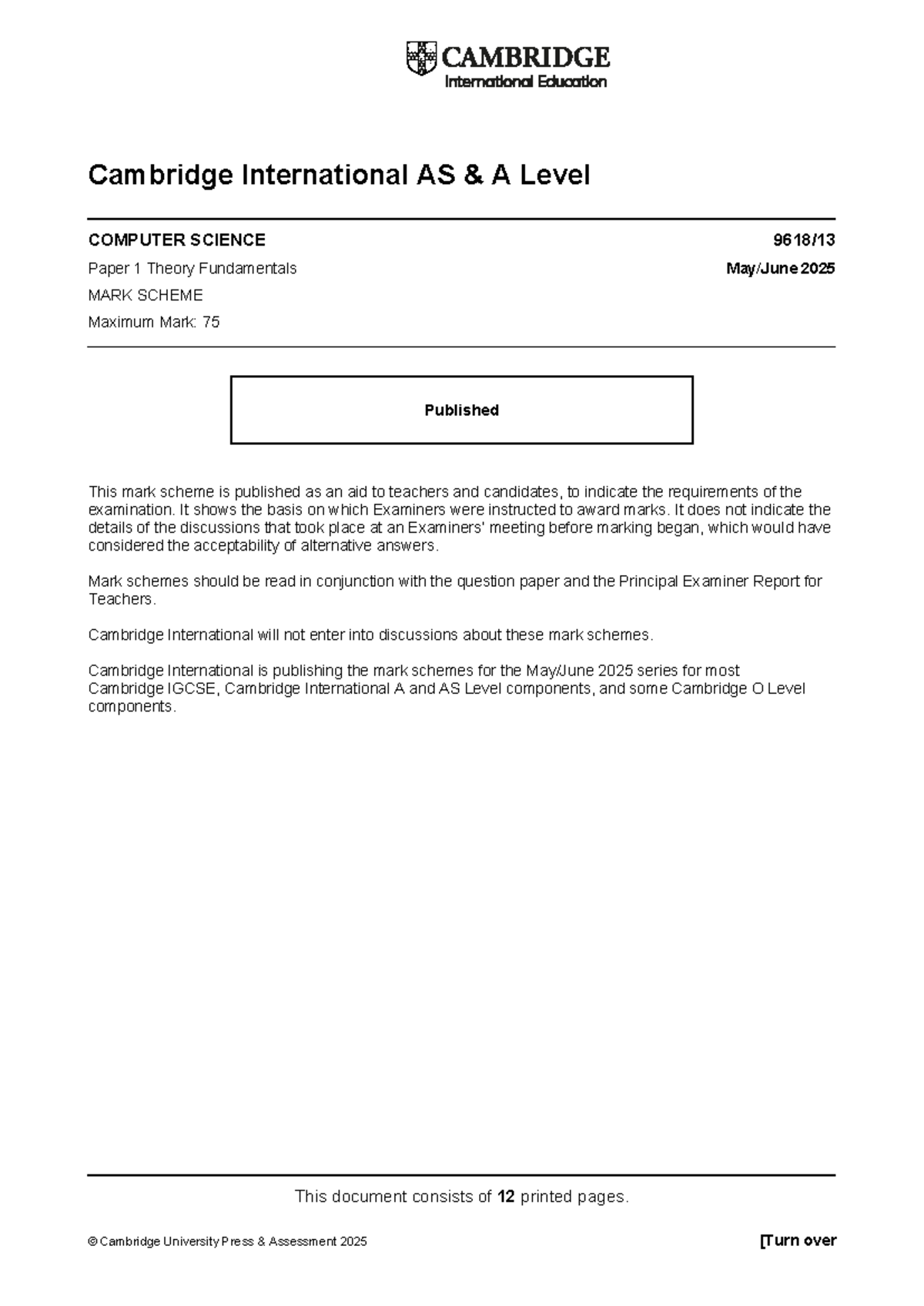 Cambridge International AS A Level Computer Science 9618 Paper 1 Theory ...