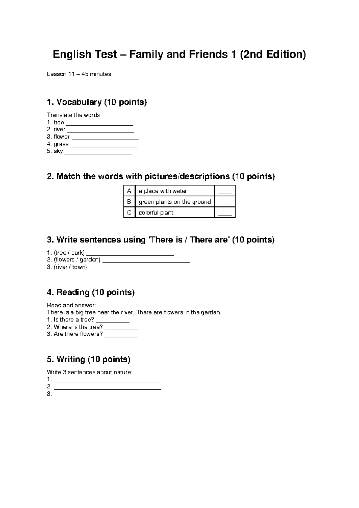 English Test Family and Friends 1 (2nd Ed) Lesson 11 Overview - Studocu