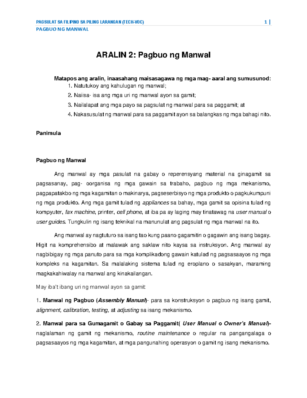 Week 003-004 -Pagbuo ng Manwal - PAGBUO NG MANWAL ARALIN 2: Pagbuo ng ...