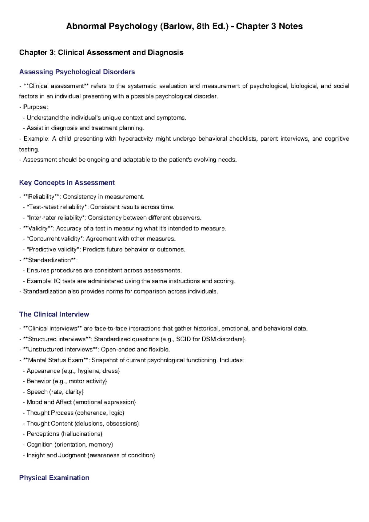 Abnormal Psychology (Barlow, 8th Ed.) Chapter 3: Clinical Assessment ...