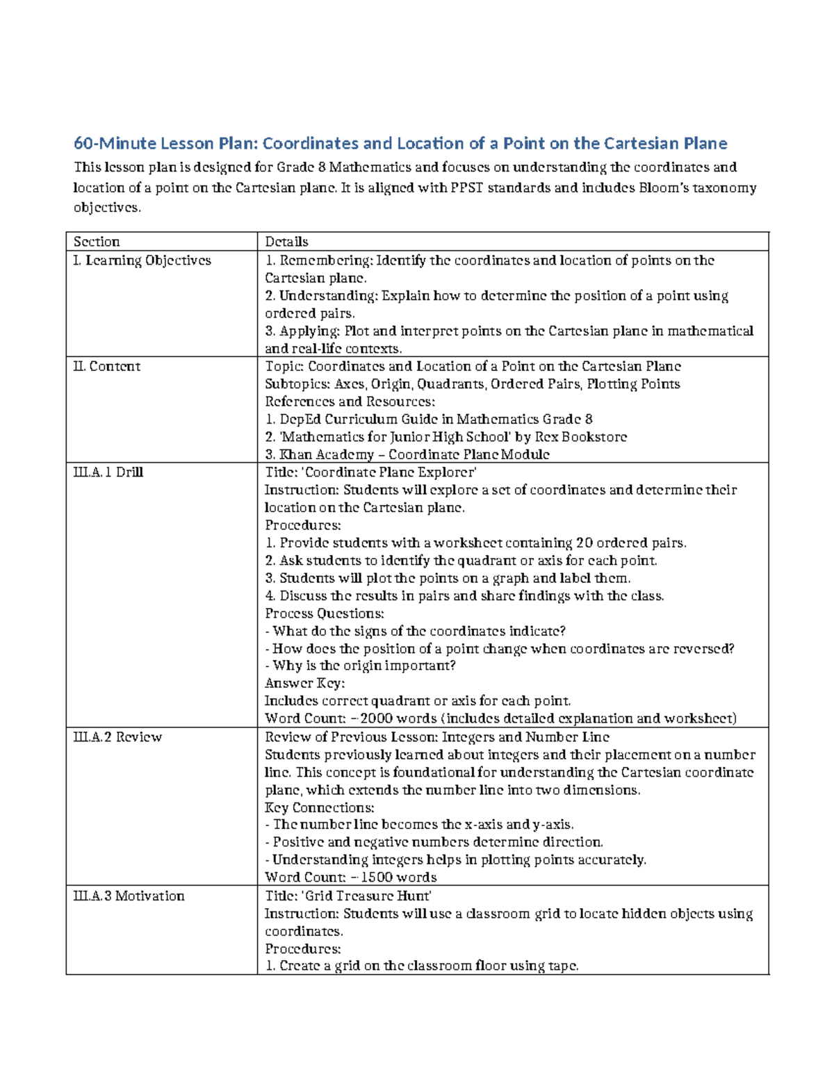 Grade 8 Math Lesson Plan: Coordinates on the Cartesian Plane - Studocu