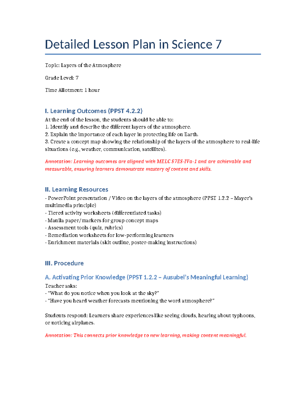 Detailed Lesson Plan: Layers of the Atmosphere (Science 7) - Studocu