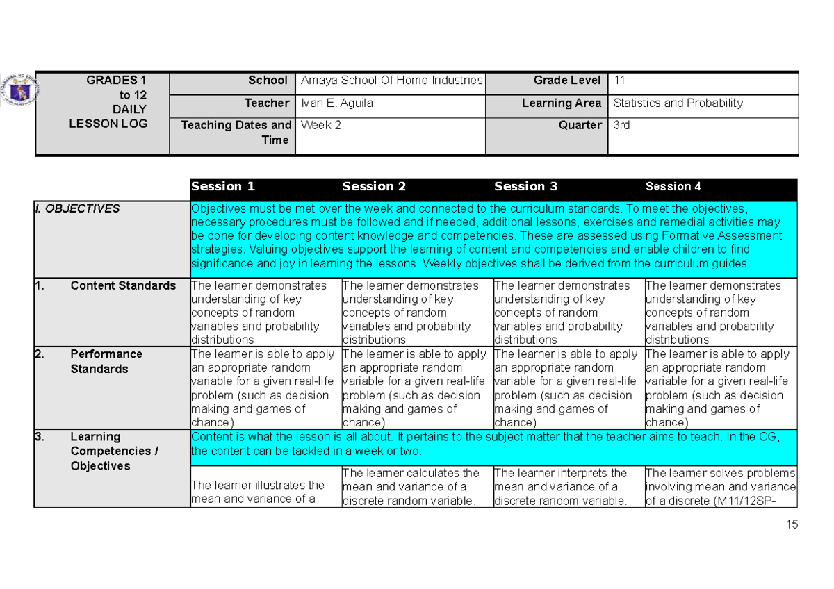 Lesson Plan in Statistics M11/12SP WEEK 2: Mean & Variance Focus - Studocu
