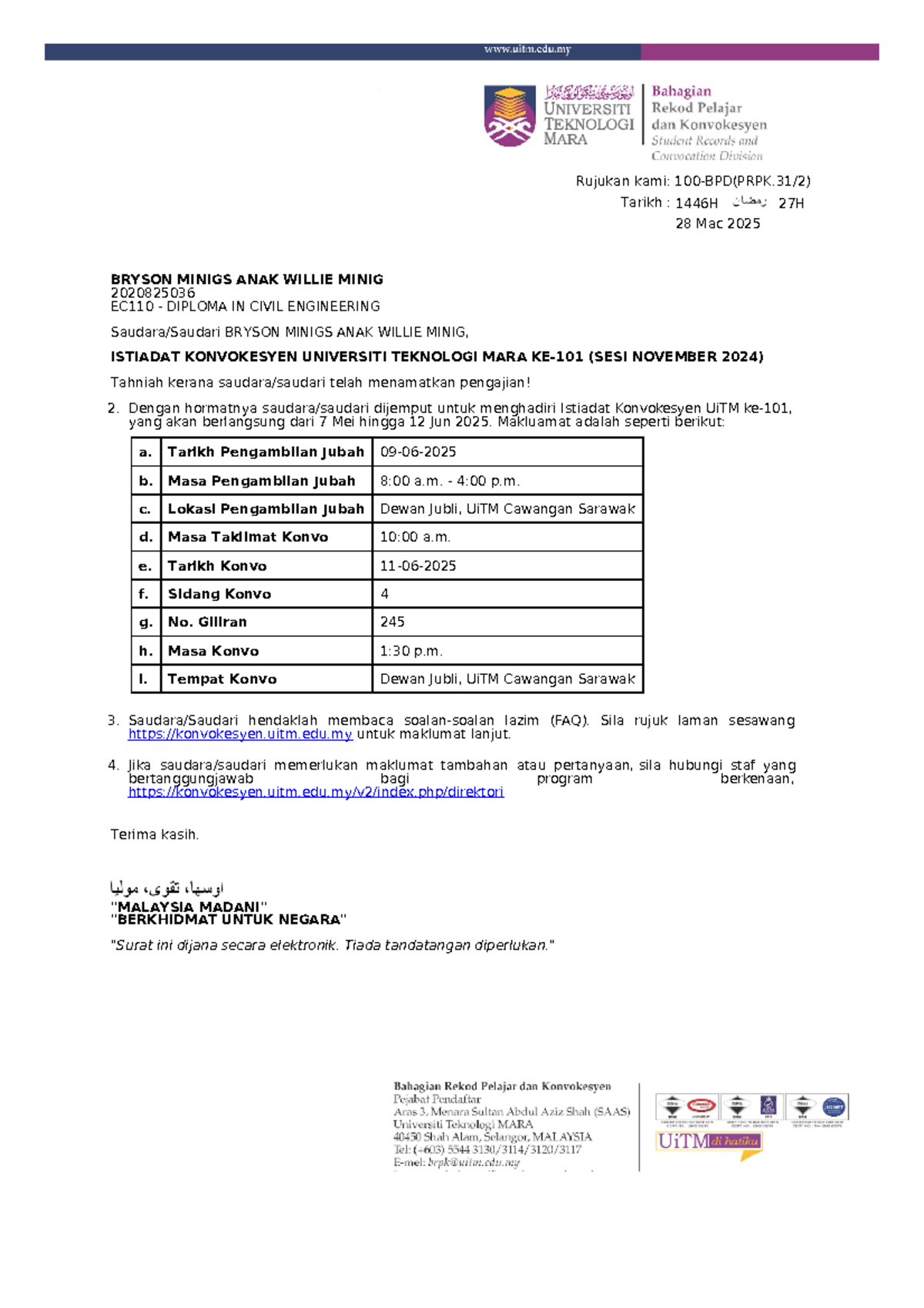 Borang Jubah Konvokesyen EC110 - Diploma Kejuruteraan Awam - Studocu