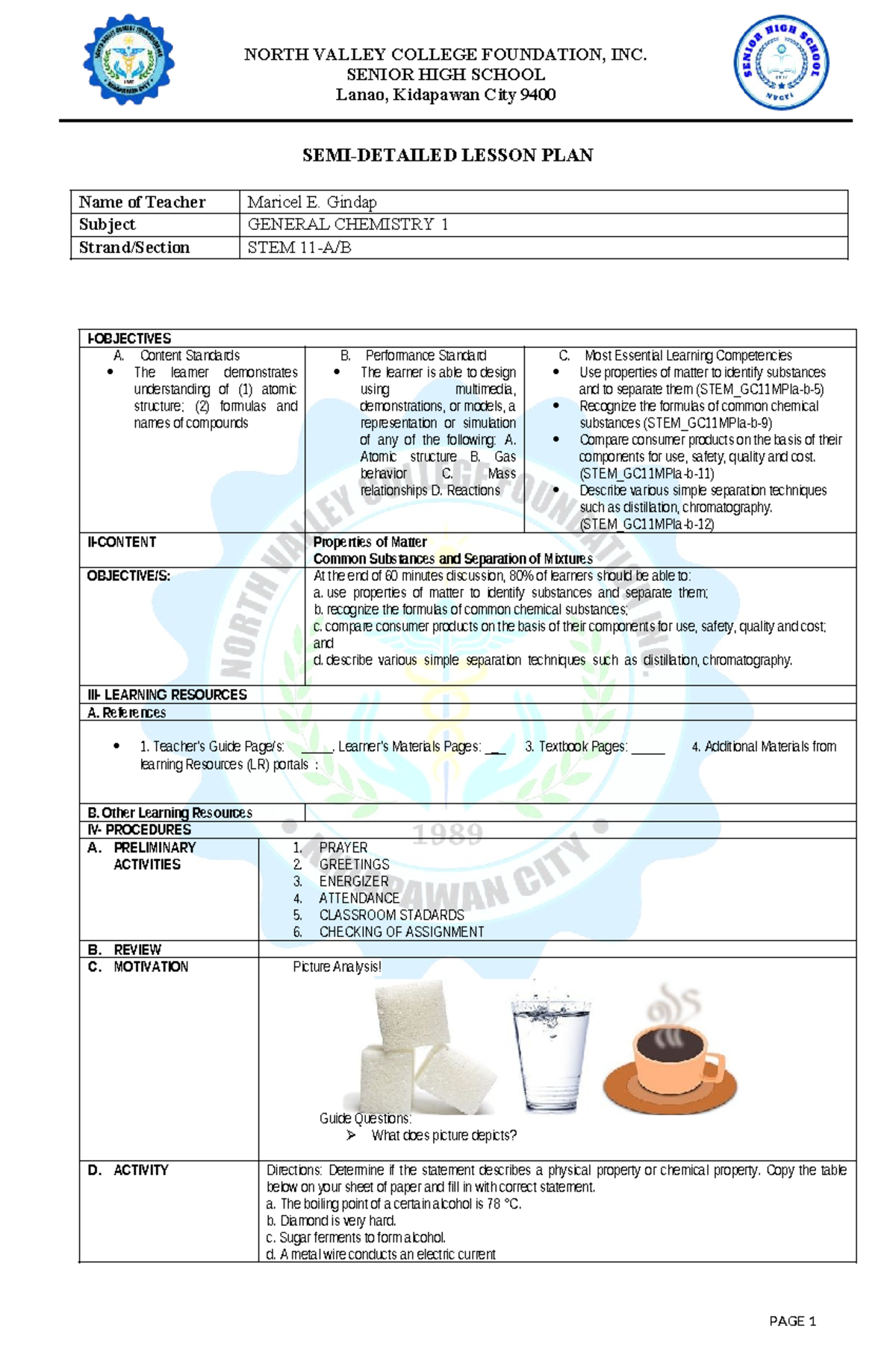 CHEM1 LP1 - General Chemistry Lesson Plan on Properties of Matter - Studocu