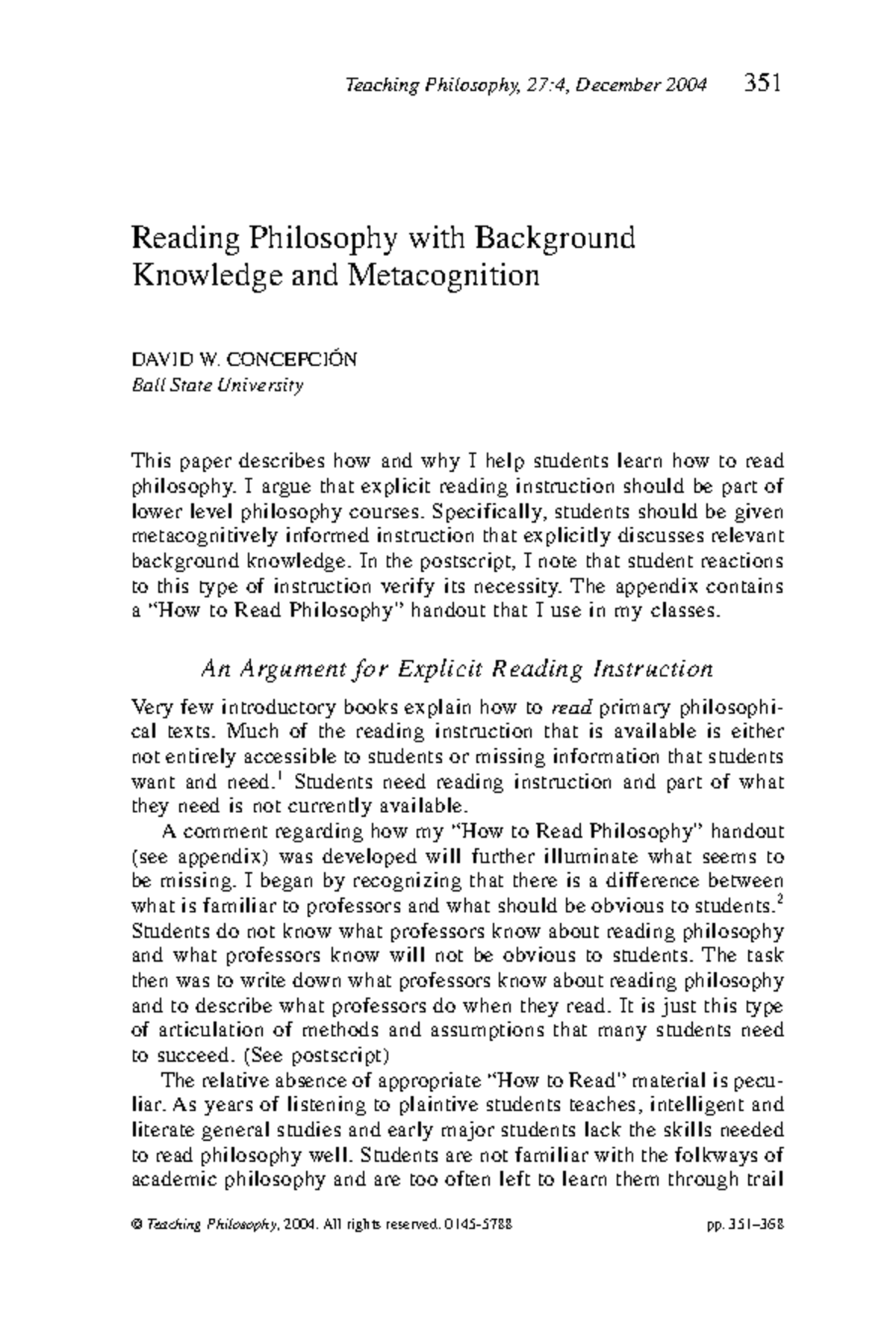 How to Read Philosophy: A Metacognitive Teaching Approach - Studocu