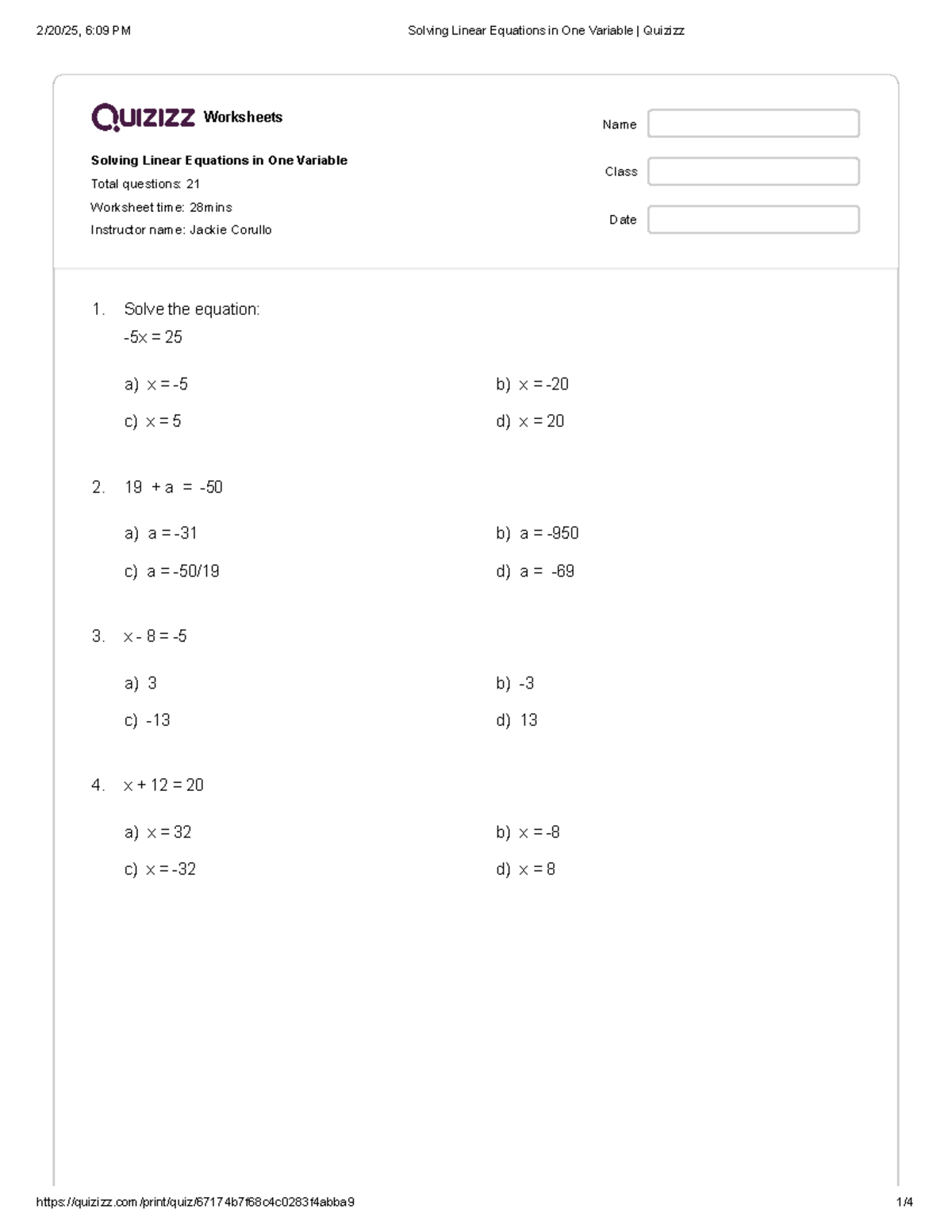 Linear Equations in One Variable Quizizz - ALLIh Worksheet 21 Qs - Studocu