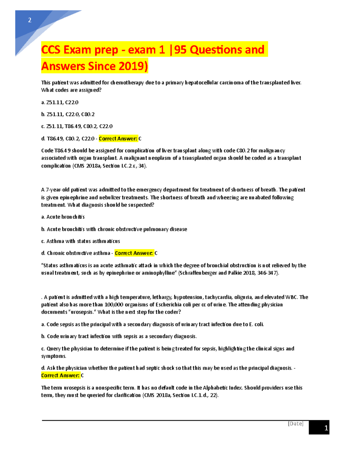 CCS Exam prep - CCS Exam prep - [Date] CCS Exam prep - exam 1 |95 Questions and Answers Since ...