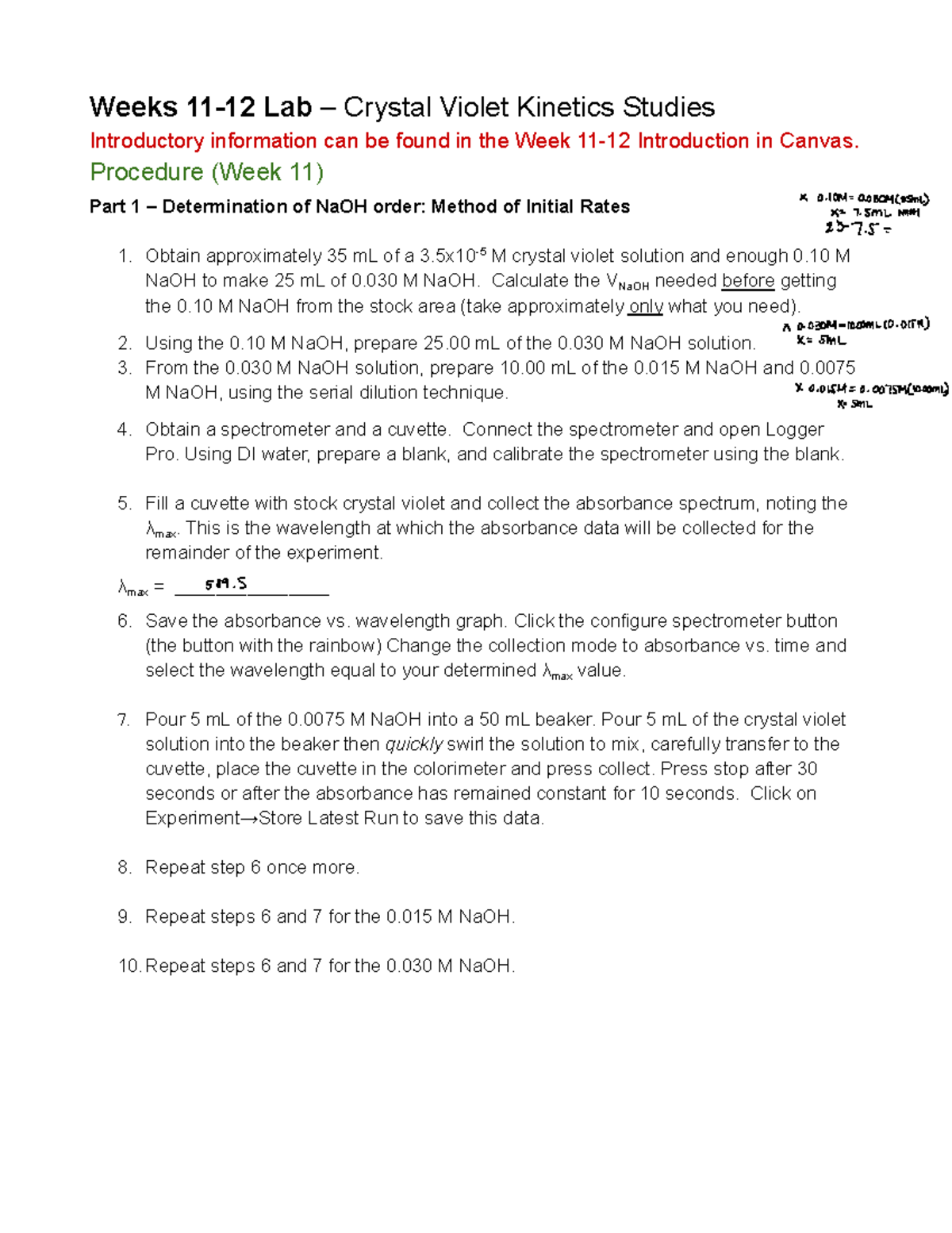 S22 Week 11-12 Lab Procedure & Data Analysis on Crystal Violet Kinetics ...