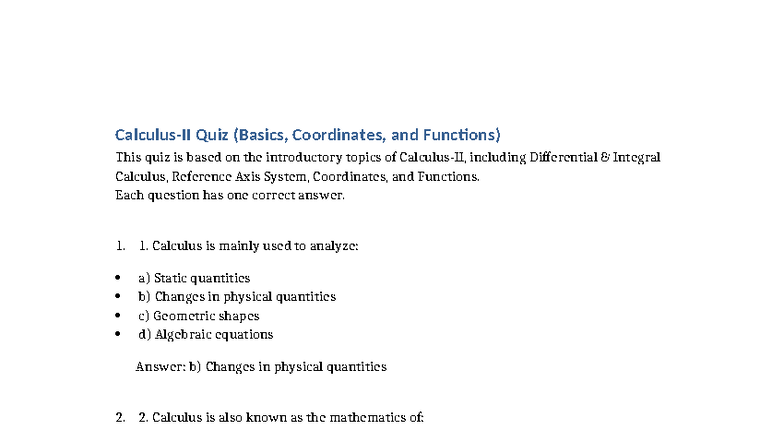 Calculus II Quiz: Basics, Coordinates, and Functions - Studeersnel