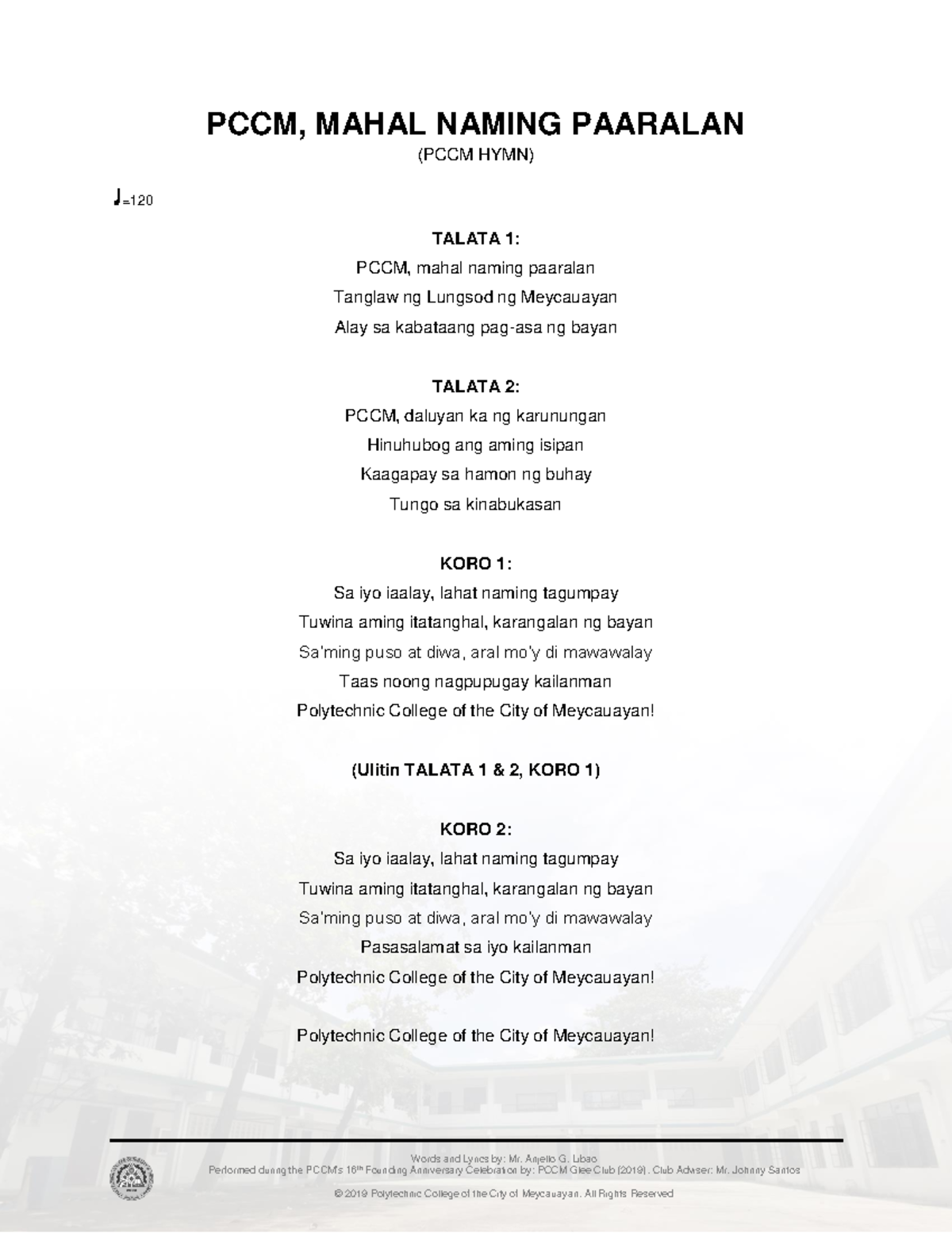 PCCM-HYMN Lyrics for 16th Anniversary Celebration - Studocu