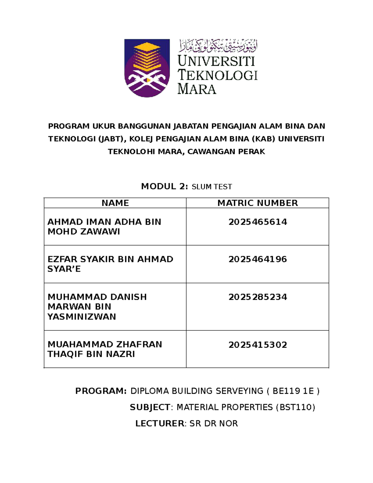 SLUM TEST REPORT (BST110) - GROUP 7 ANALYSIS & RESULTS - Studocu