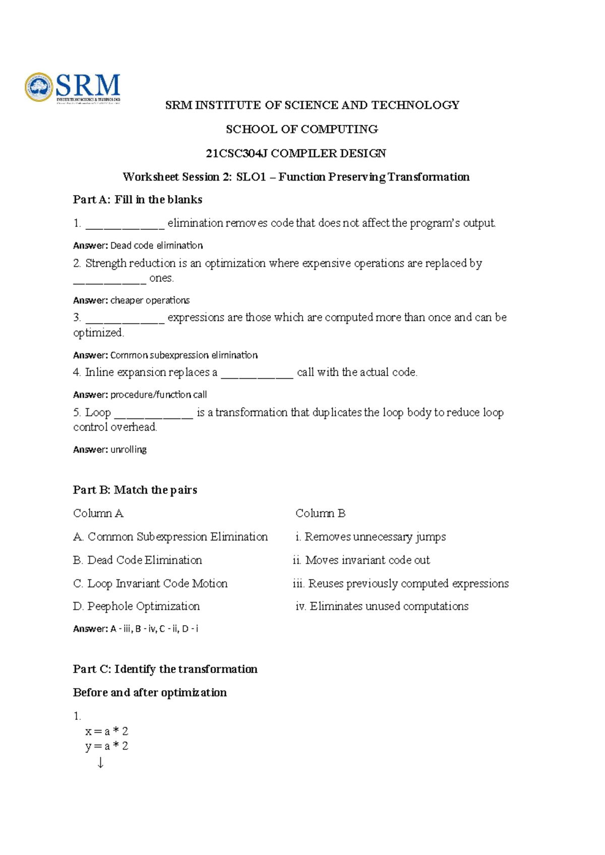 21CSC304J COMPILER DESIGN Worksheet: Function Preserving ...