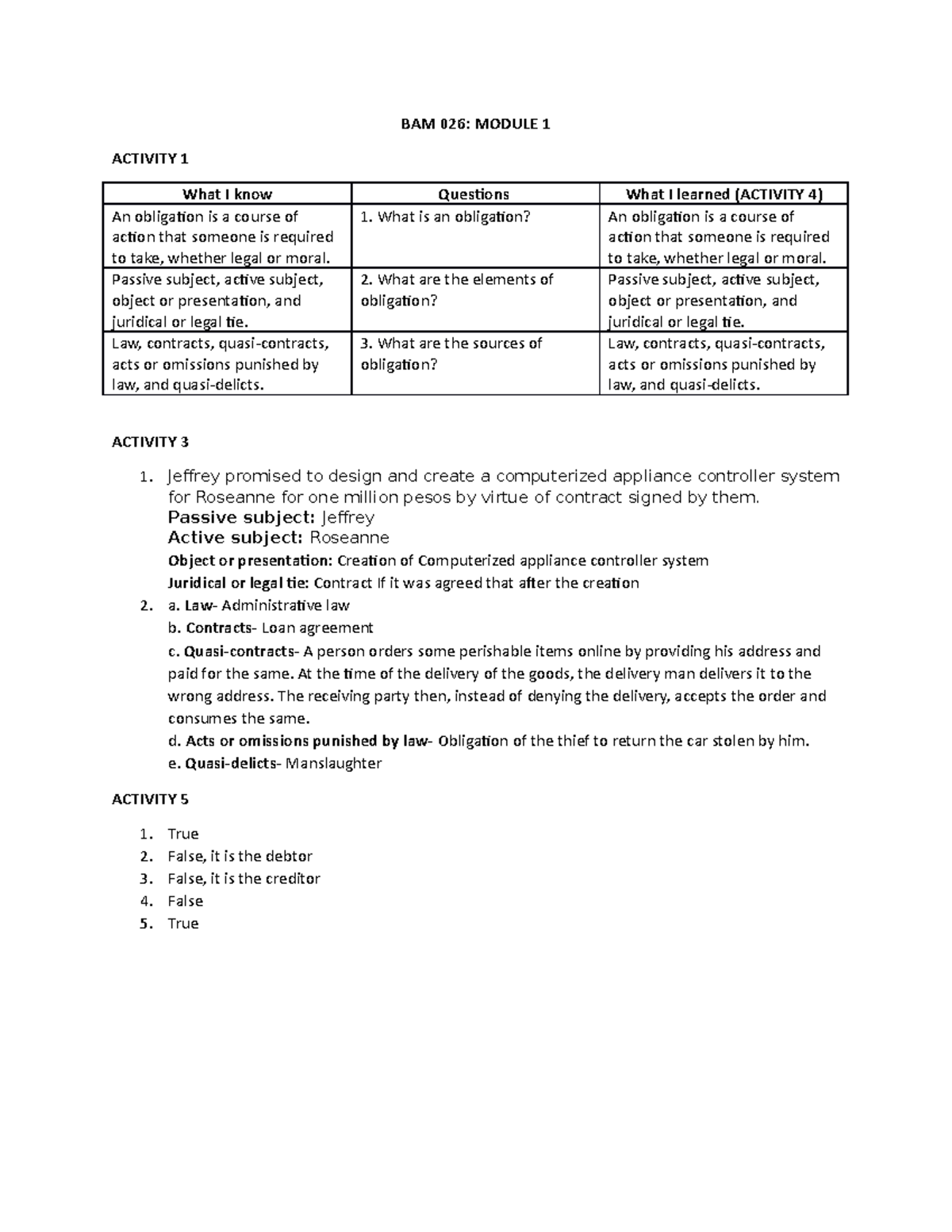 BAM 026 - Module 1: Understanding Obligations and Their Elements - Studocu