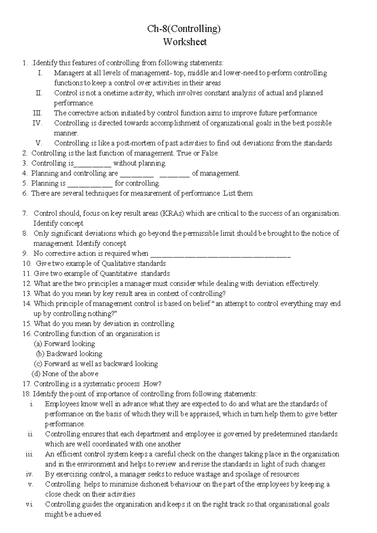Worksheet 8: Key Concepts and Techniques in Controlling - Studocu