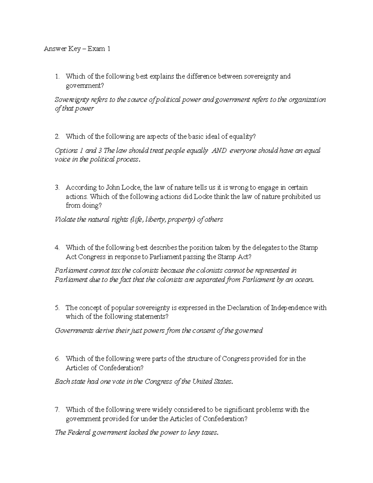 U.S. Constitution Exam 1 Answer Key: Key Concepts & Cases - Studocu