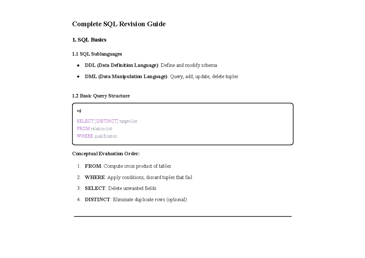 SQL Revision Guide: Comprehensive Overview of SQL Basics and Queries - Studocu