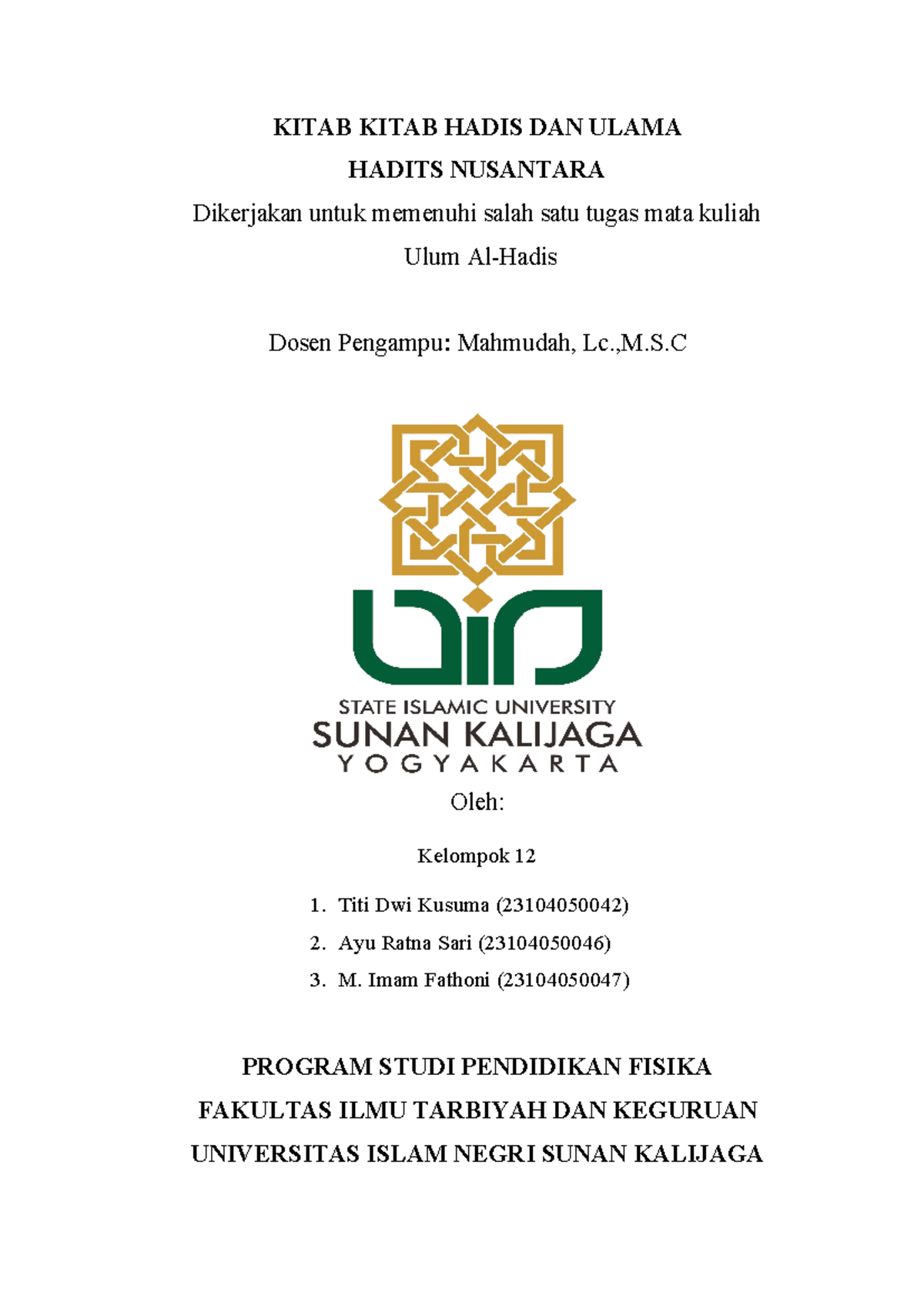 Ulum Al-Hadis: Kitab dan Ulama Hadits di Nusantara (2023) - Studocu