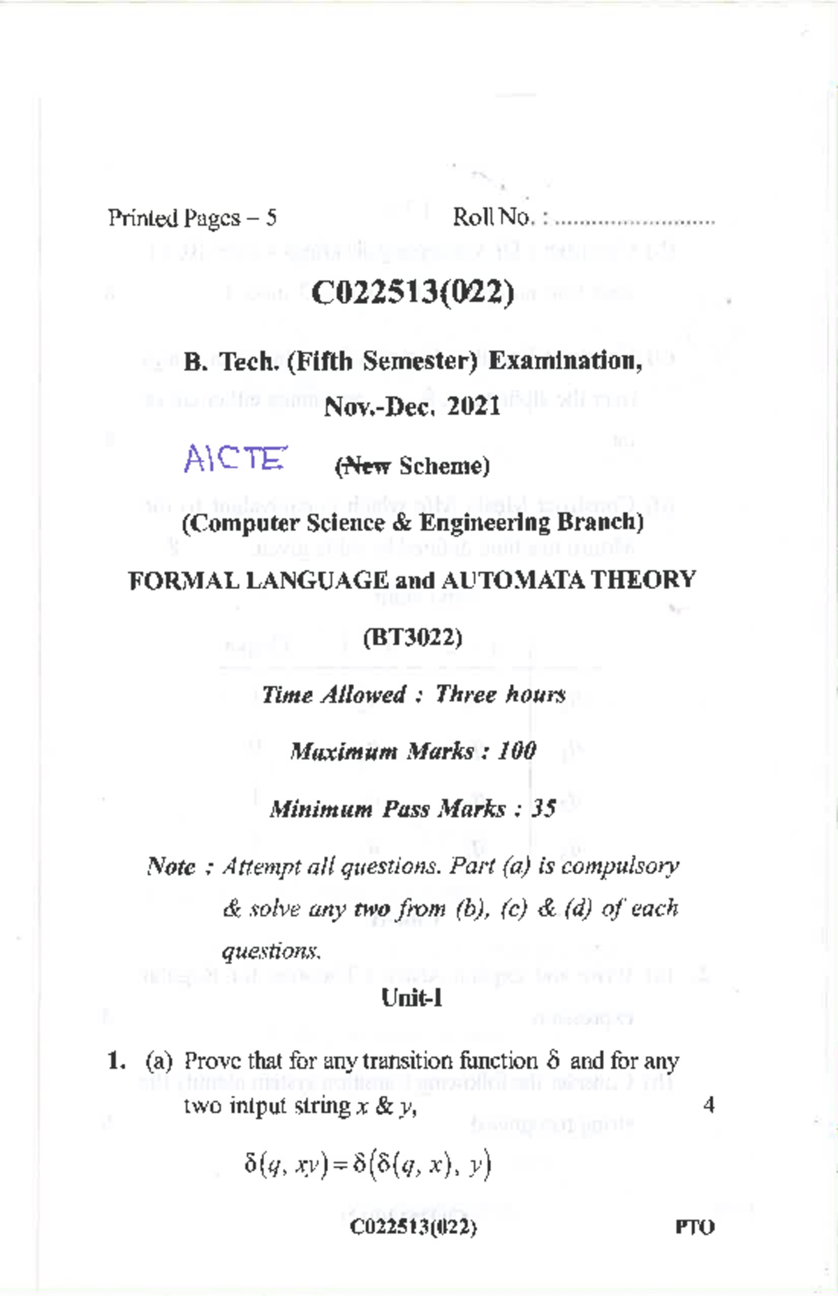 BT3022 Formal Language and Automata Theory - 2021 Exam PYQs - Studocu