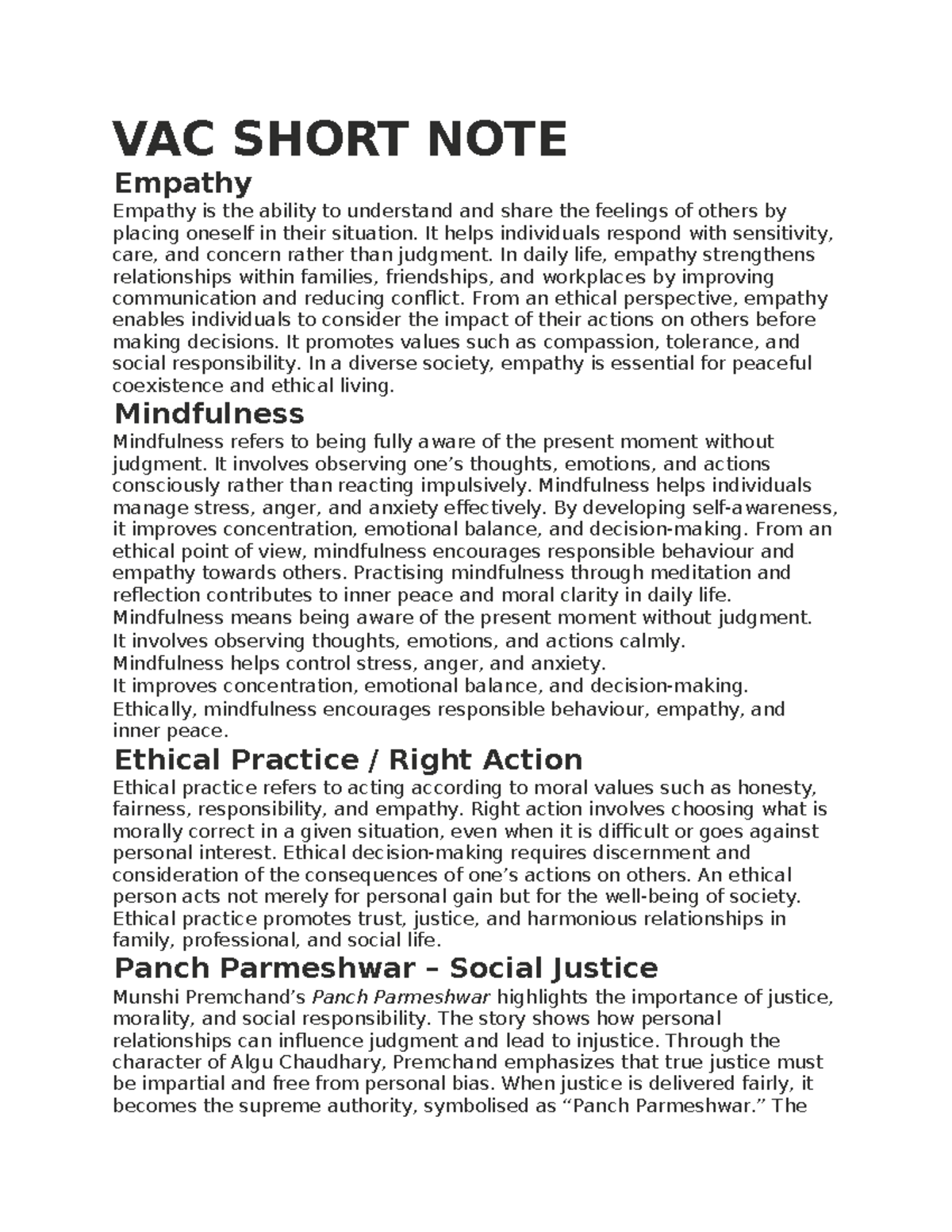 VAC Short Note: Empathy, Mindfulness, and Ethical Practice - Studocu