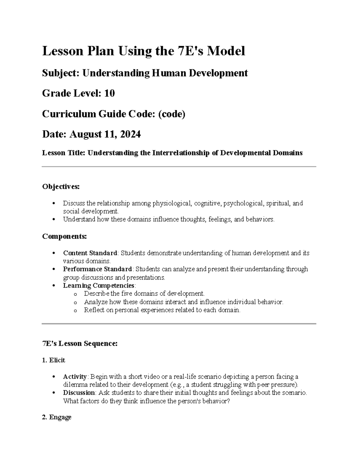 Perdev 2 DLP - Lesson Plan on Human Development Domains - Studocu
