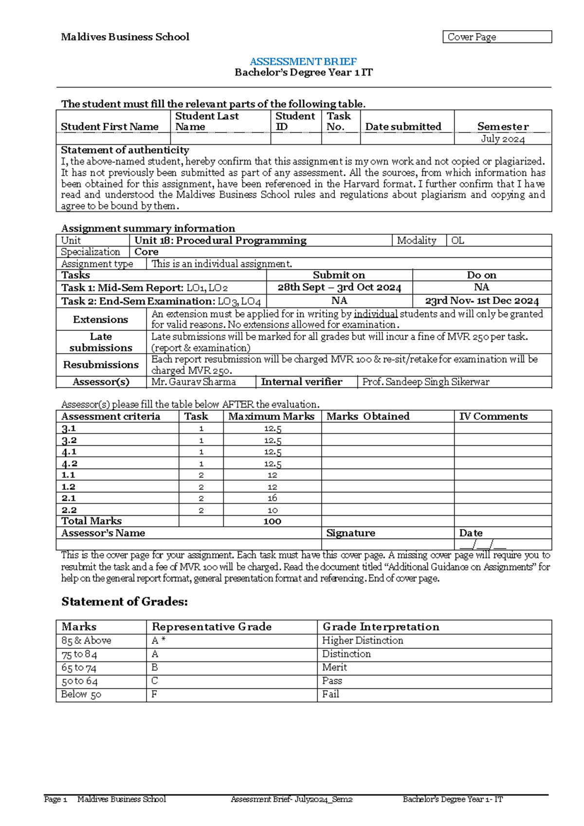 Assessment Brief: BITY1 OL Unit 18 Procedural Programming July 2024 ...