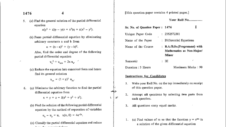 Differential Equations Exam Paper 1476 - General Solutions & PDEs - Studocu