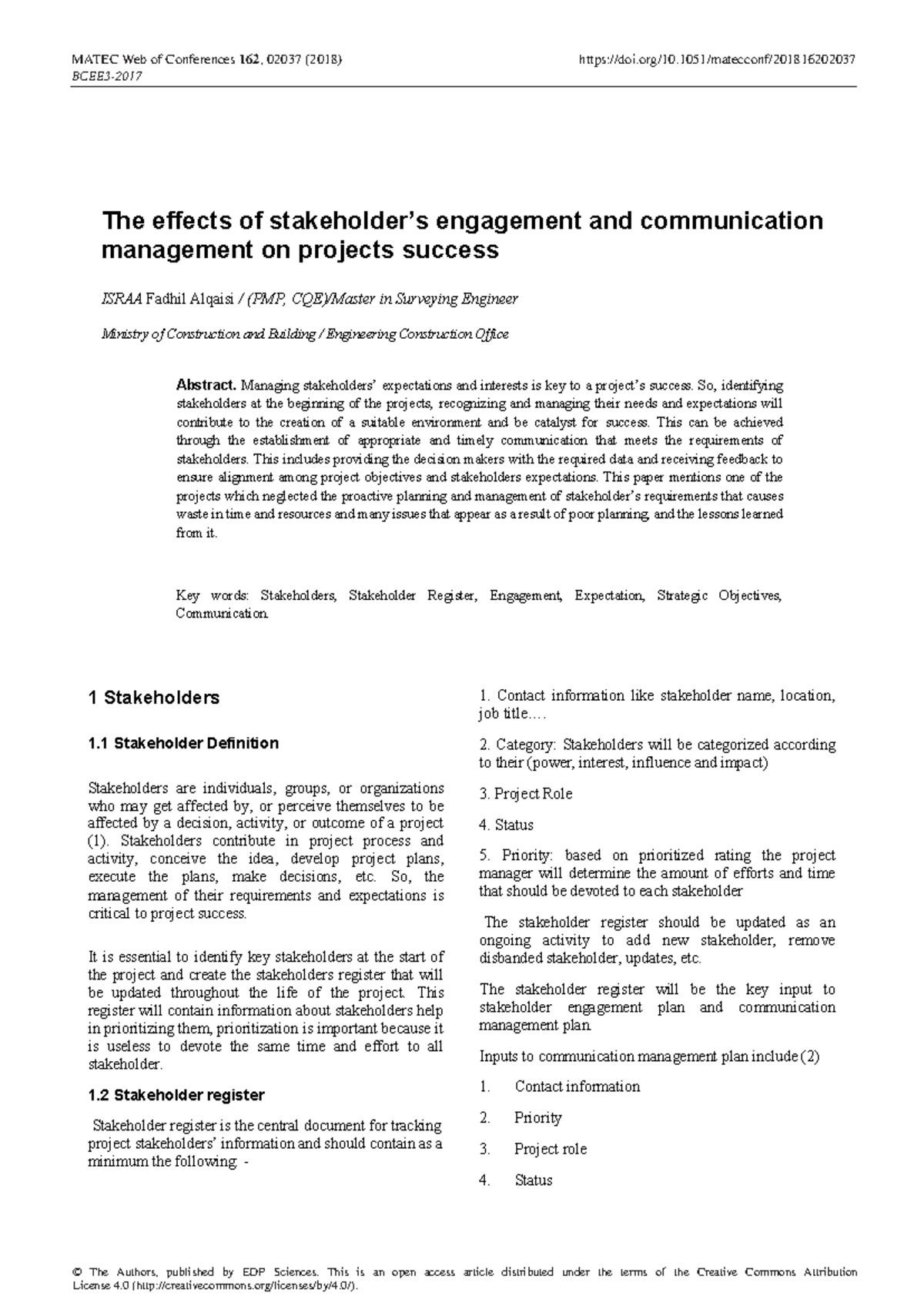 MATEC Web of Conferences 162, 02037 (2018) - Stakeholder Engagement ...