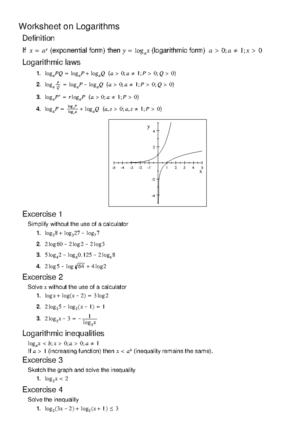 Worksheet on Logarithms: Exercises and Laws - Studocu